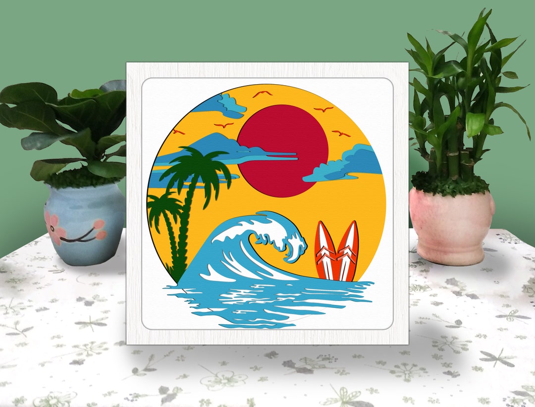 BEACH Summer 3D Box Paper Cut Light Box Svg, Summer Hawaiian Shadow Box ...