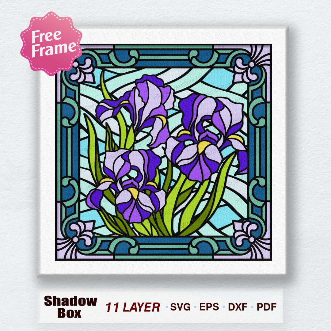 Blue Iris Stained Glass Shadow Box Svg, Blue Iris Stained Glass 3D Box ...