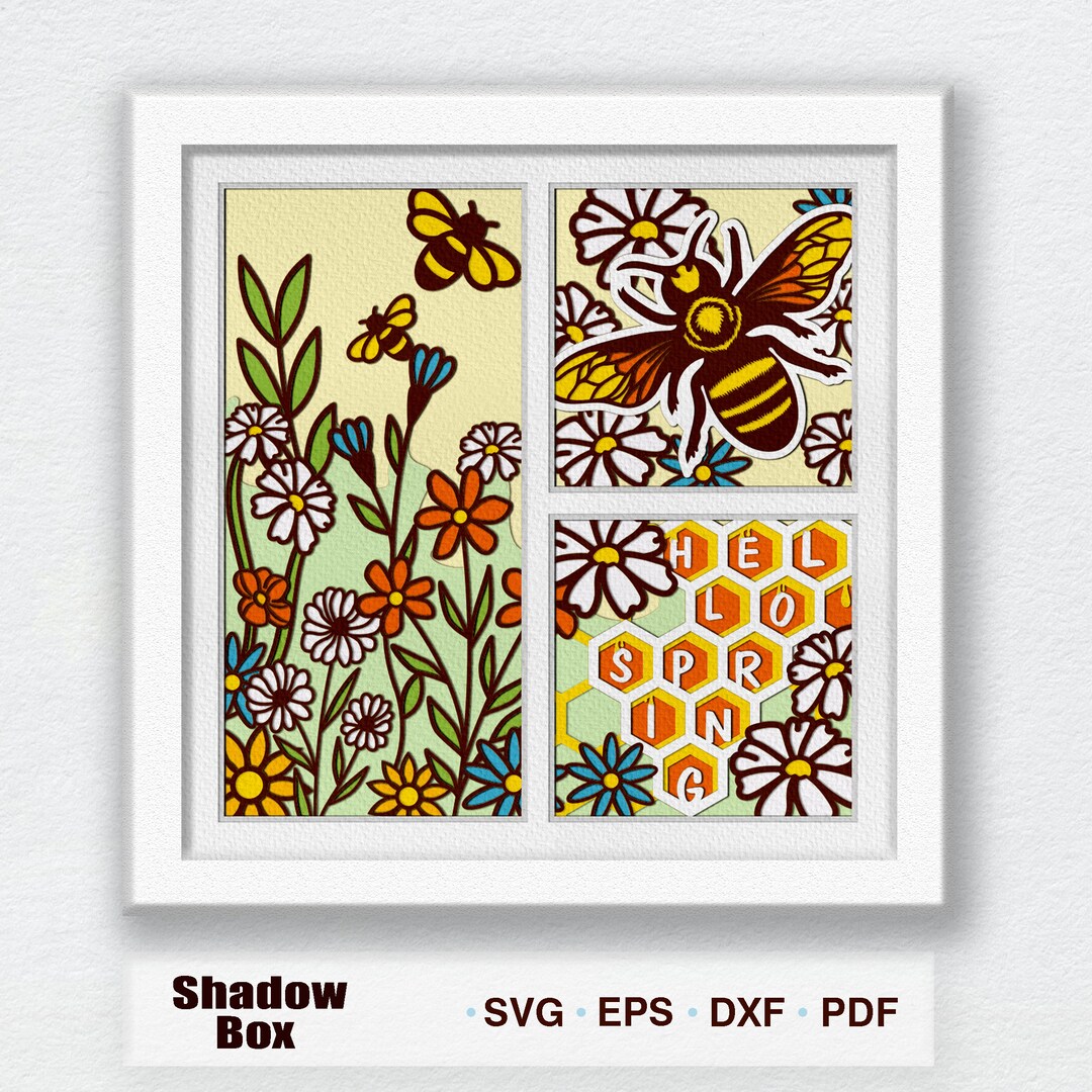 Wildflower Bee Spring Shadow Box Svg, Wildflower Light Box Svg, Spring ...