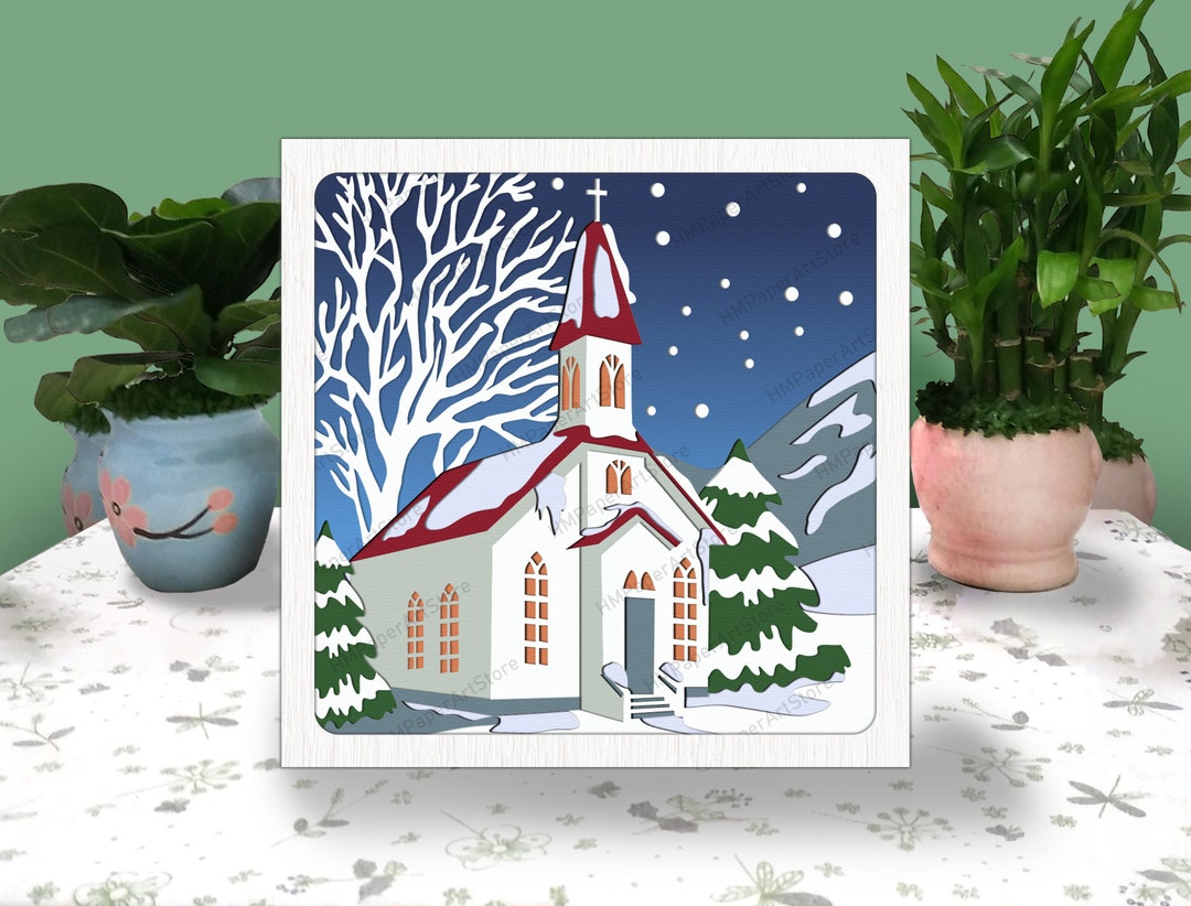 Winter Church 3D Box Paper Cut, Winter Church Light Box Svg, Winter ...