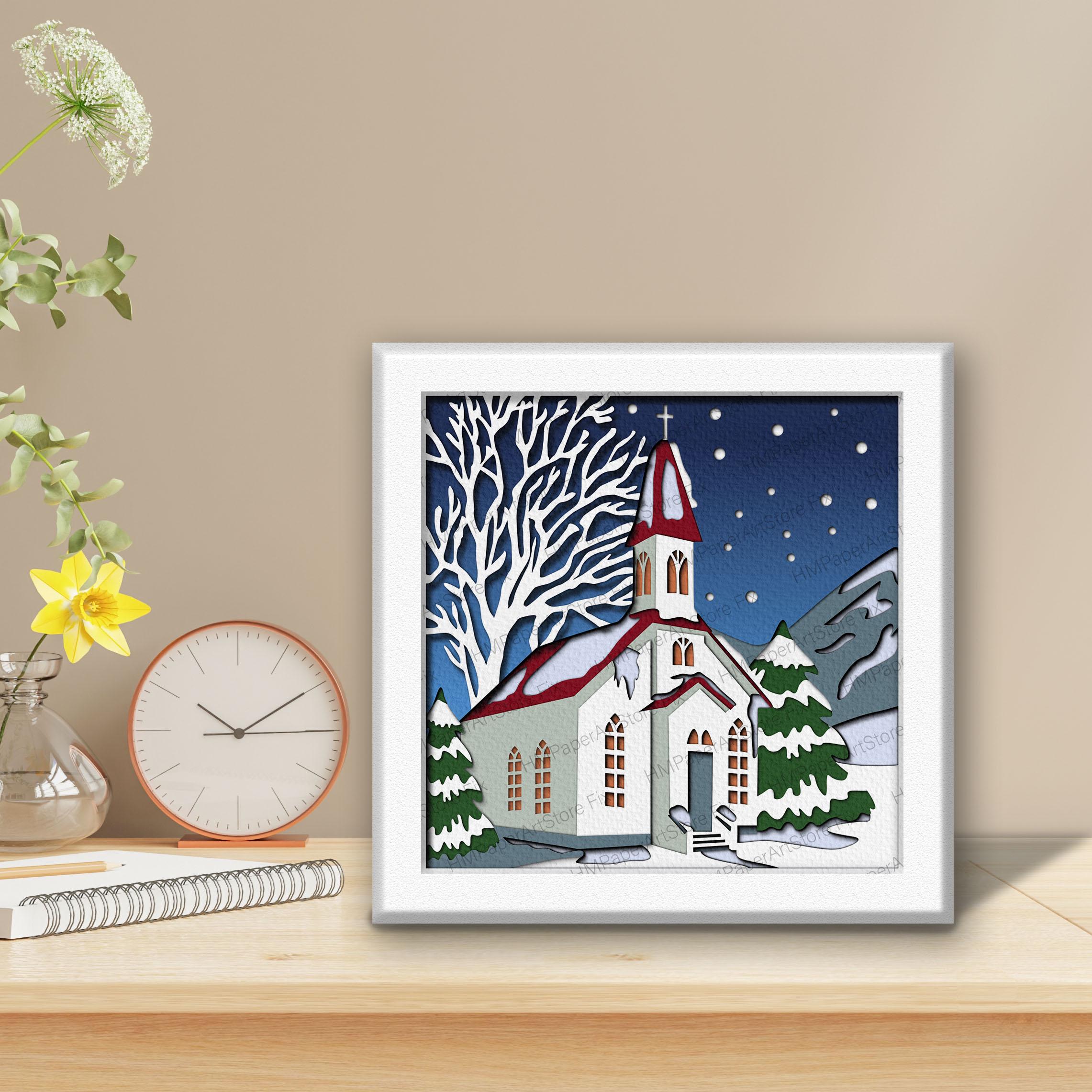 Winter Church Shadow Box, Layered Christmas Paper Art Scene, Peaceful ...