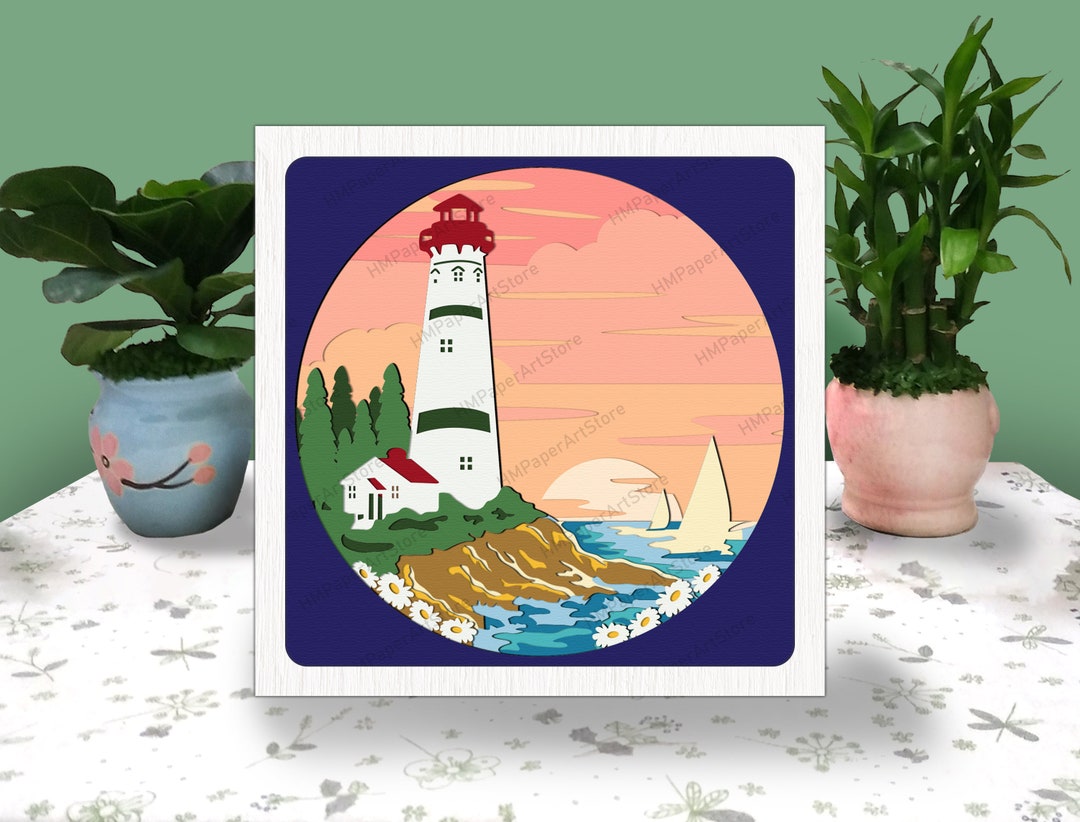 LIGHTHOUSE 3D Box Paper Cut Light Box SVG, Lighthouse Sunset Shadow Box ...