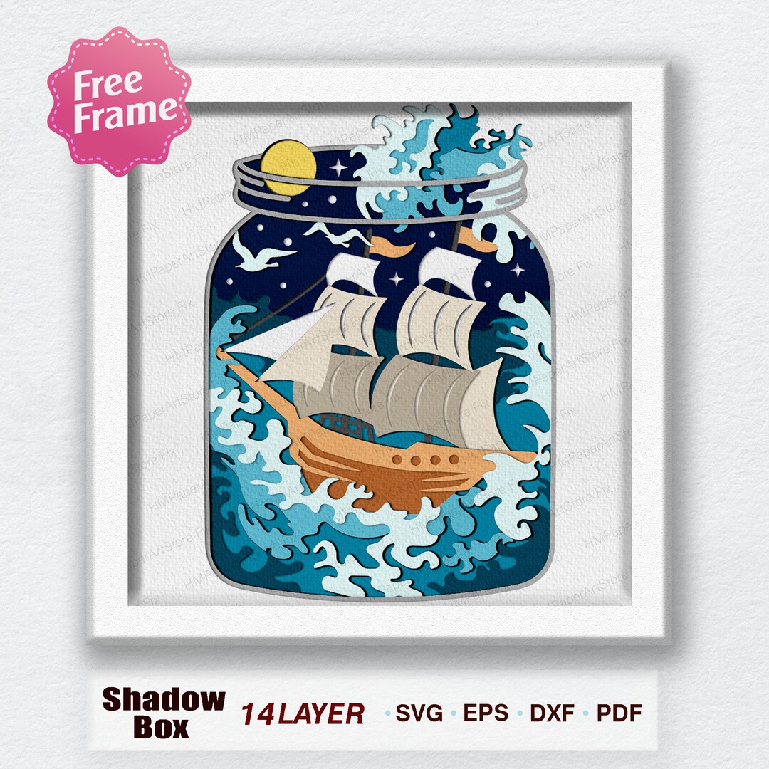 Mason Jar Sailing Ship Shadow Box Svg, Mason Jar SVG, Mason Jar 3D Box ...