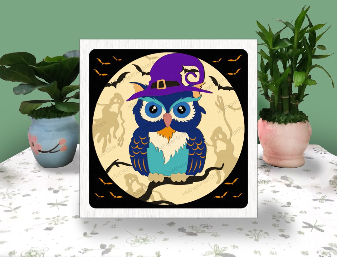 Owls in Witch Hats 3D Box, Owl With Witch Hat Shadow Box, Cricut File ...