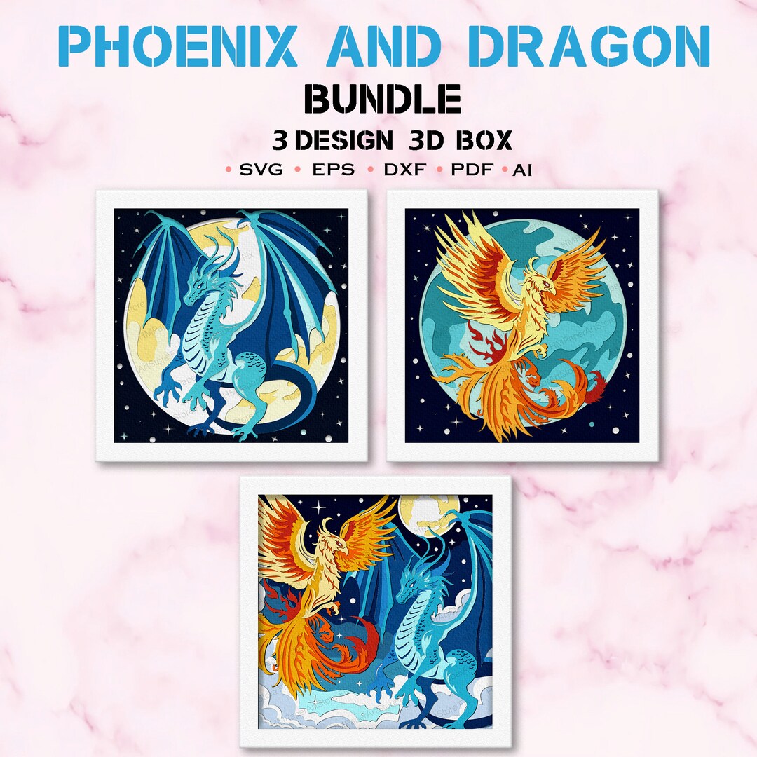 Bundle Phoenix and Dragon Shadow Box Svg, Phoenix 3D Box, Dragon Light ...
