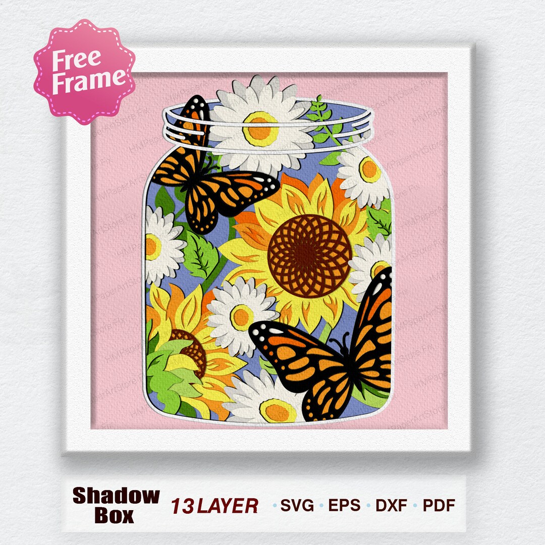 Daisy and Butterfly Mason Jar Shadow Box Svg, Mason Jar Daisy SVG ...