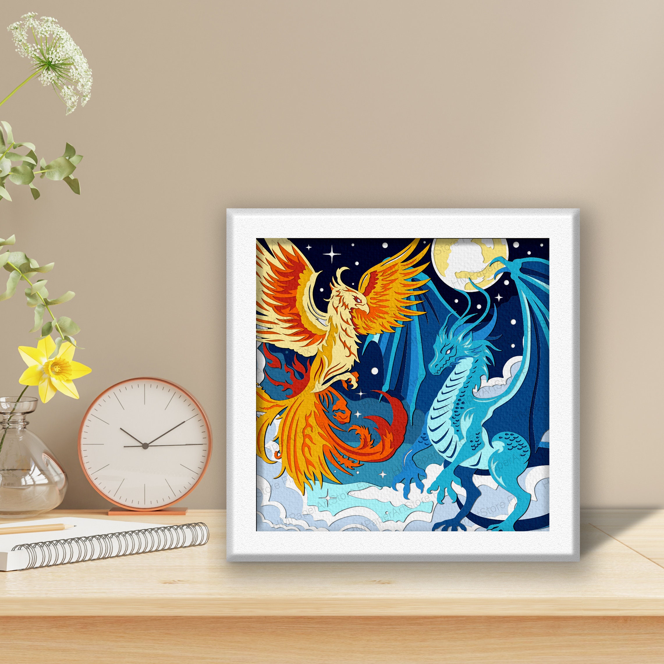 Phoenix and Dragon Shadow Box Svg, Phoenix 3D Box,dragon Light Box Svg ...