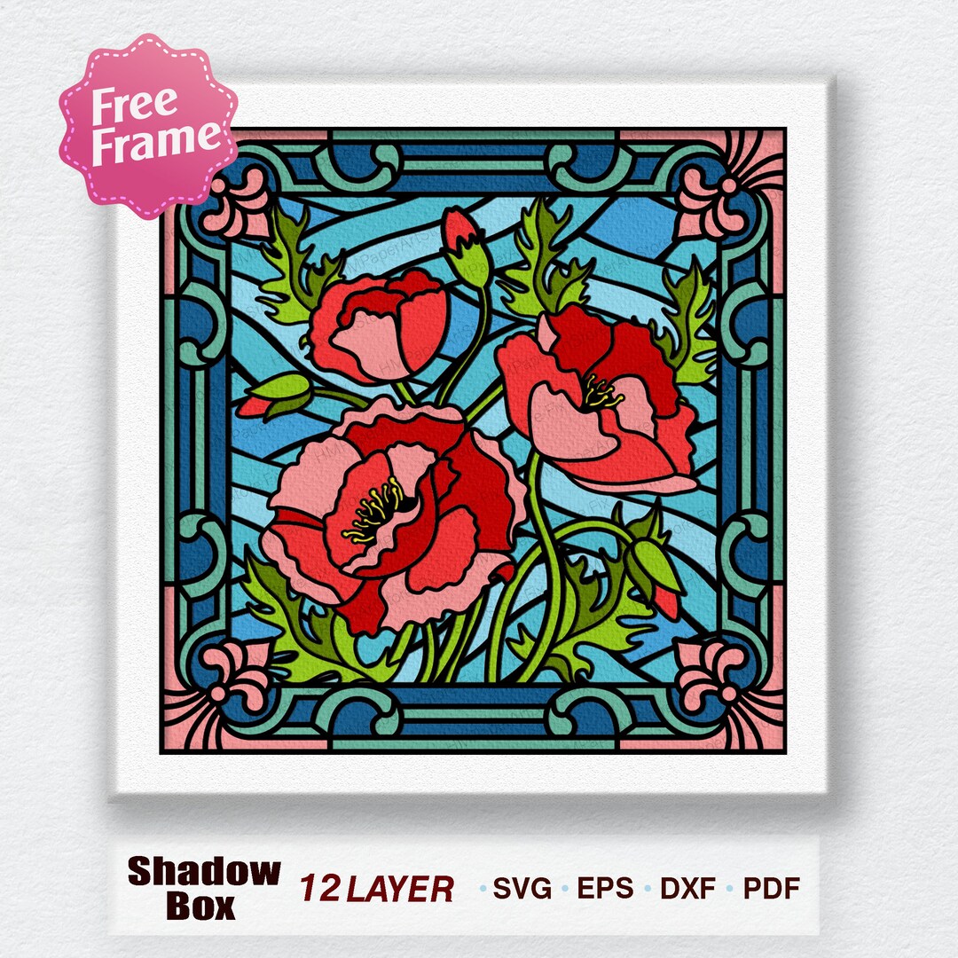 Poppy Stained Glass Shadow Box Svg, Stained Glass Red Poppy 3D Box ...