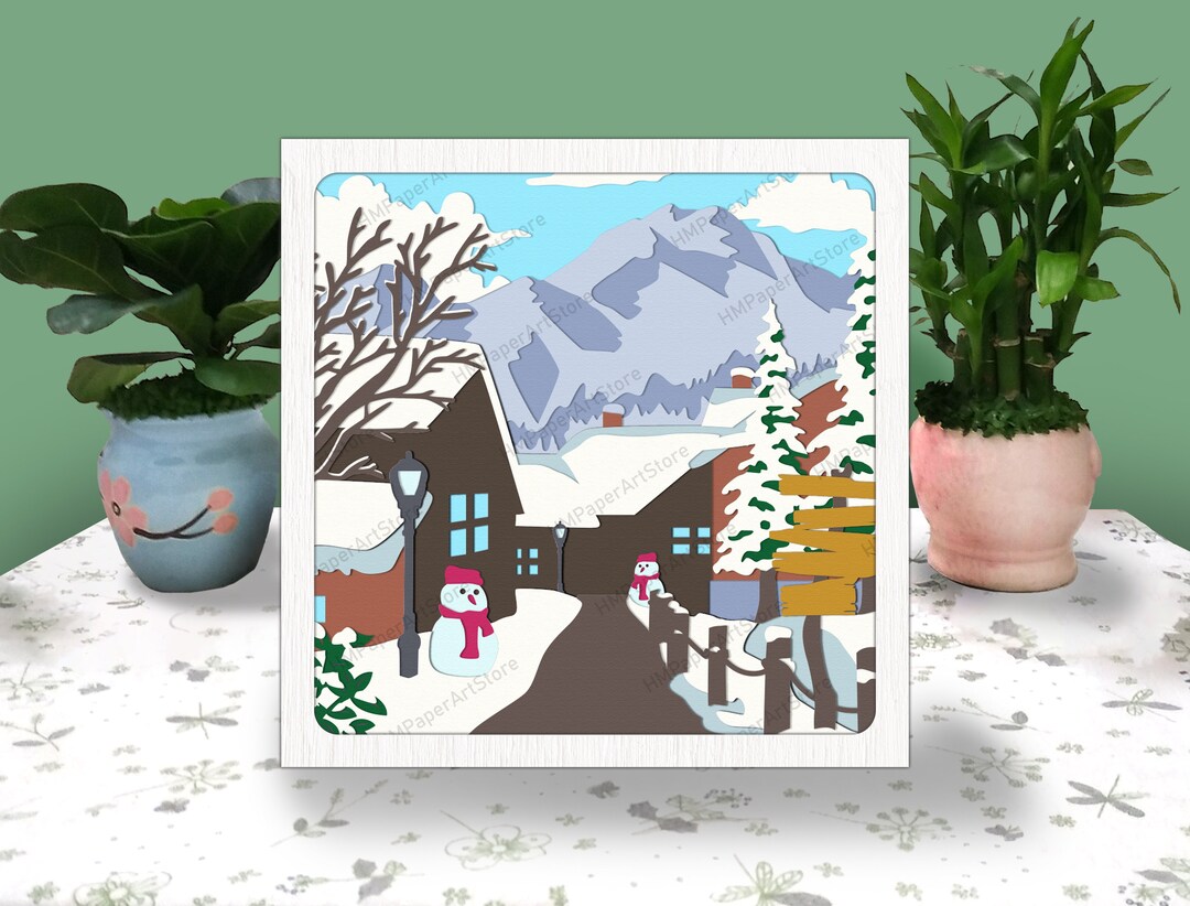 Snow Village 3D Box Paper Cut, Snow Village Light Box Svg, Snow Village ...