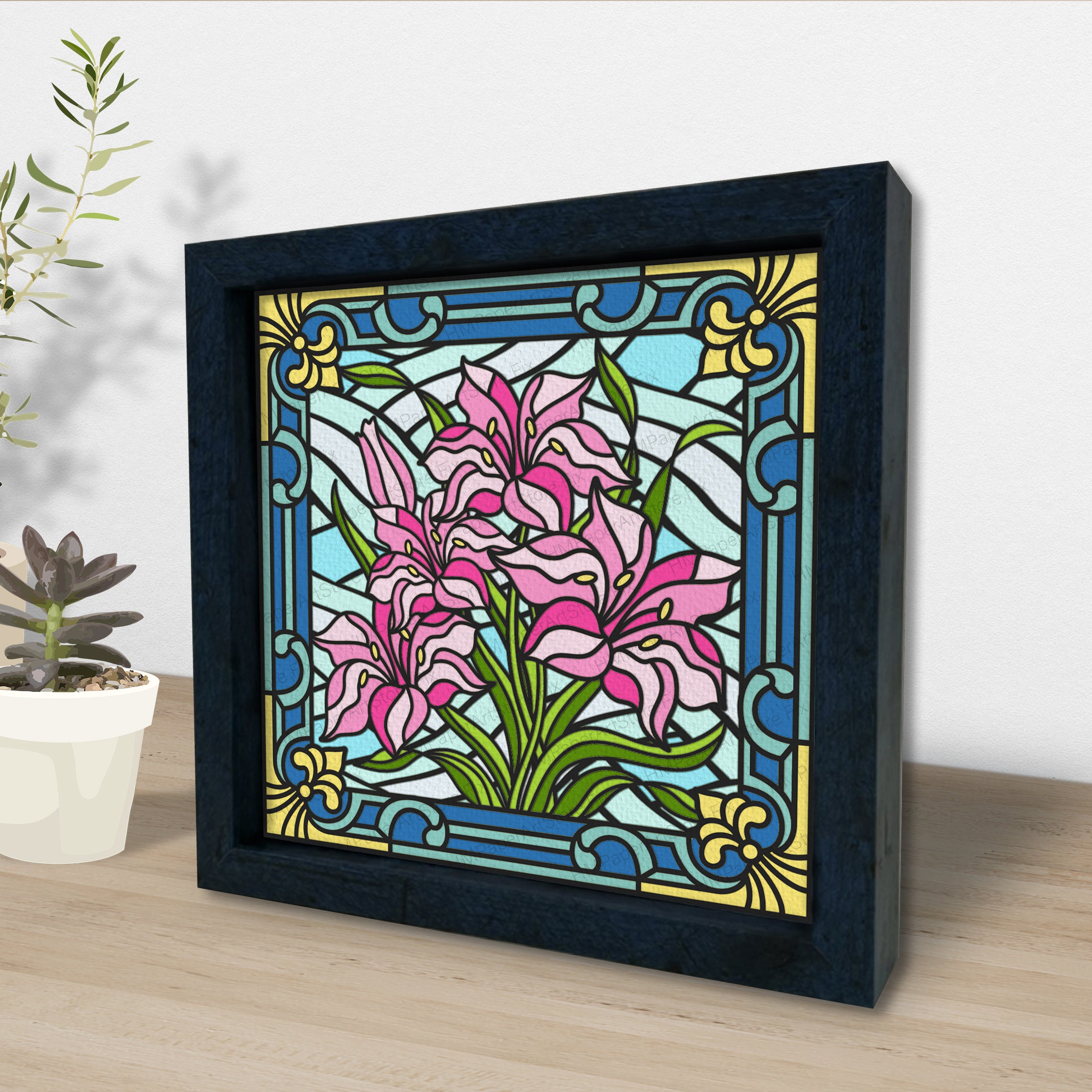 Lily Stained Glass Shadow Box Svg, Lily Stained Glass 3D Box, Stained ...