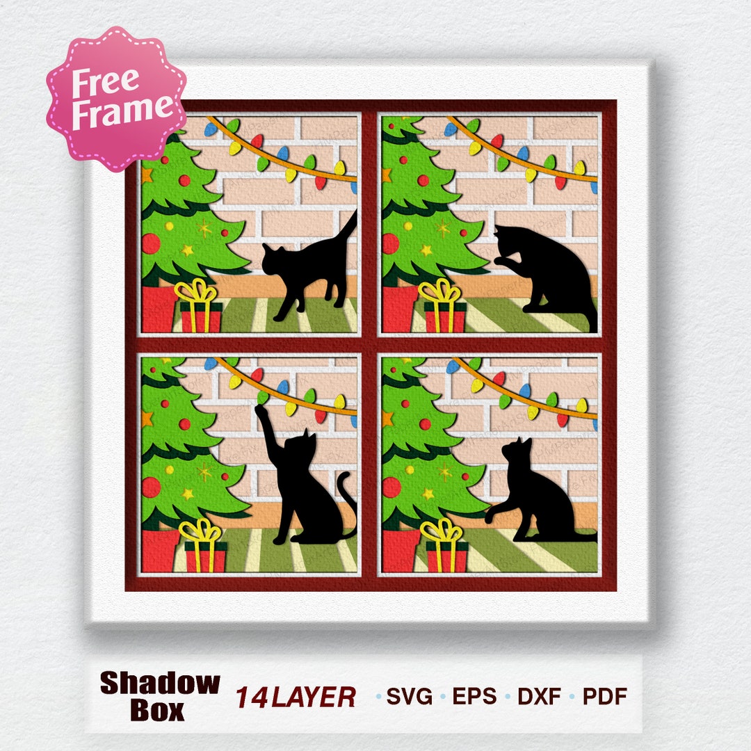 Cat and Christmas Tree Shadow Box Svg, Cat 3D Box, Cat Christmas Svg ...
