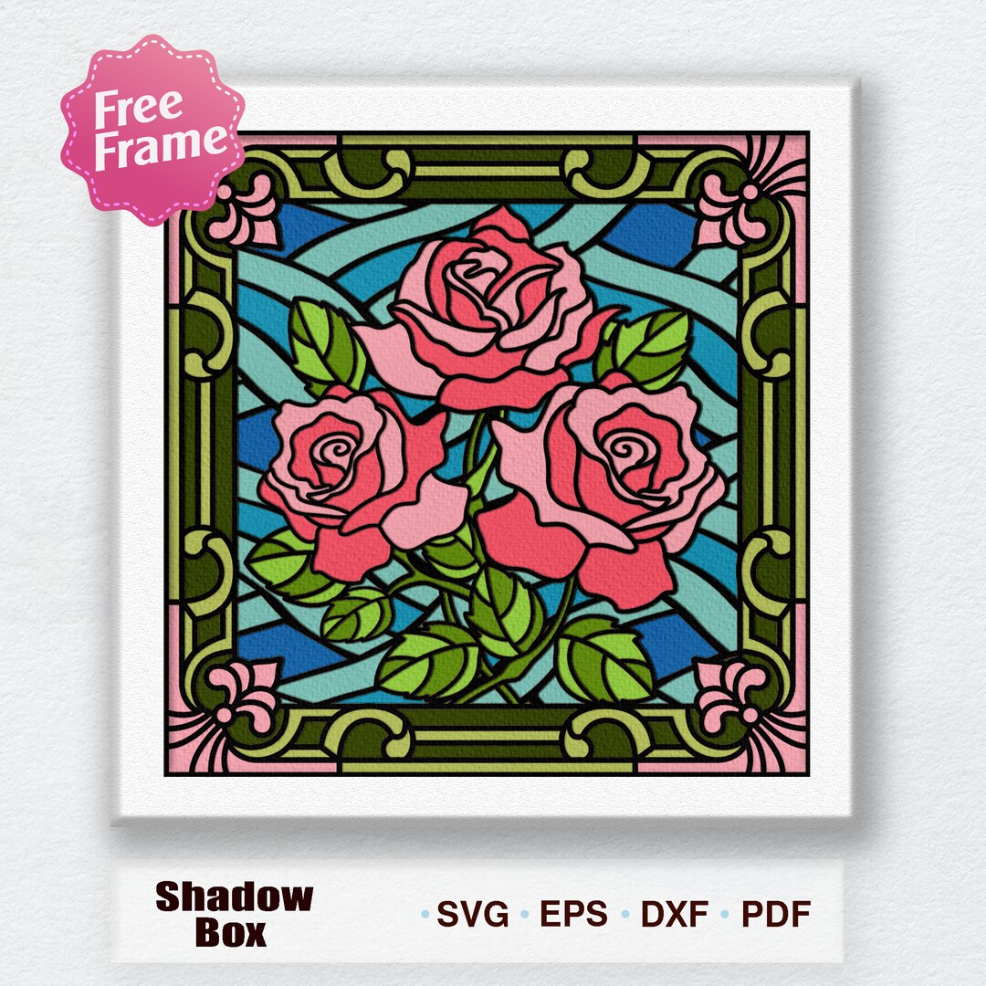 Rose Stained Glass Shadow Box Svg, Rose Stained Glass 3D Box, Stained ...
