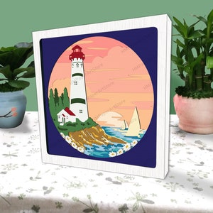 LIGHTHOUSE 3D Box Paper Cut Light Box SVG, Lighthouse Sunset Shadow Box ...