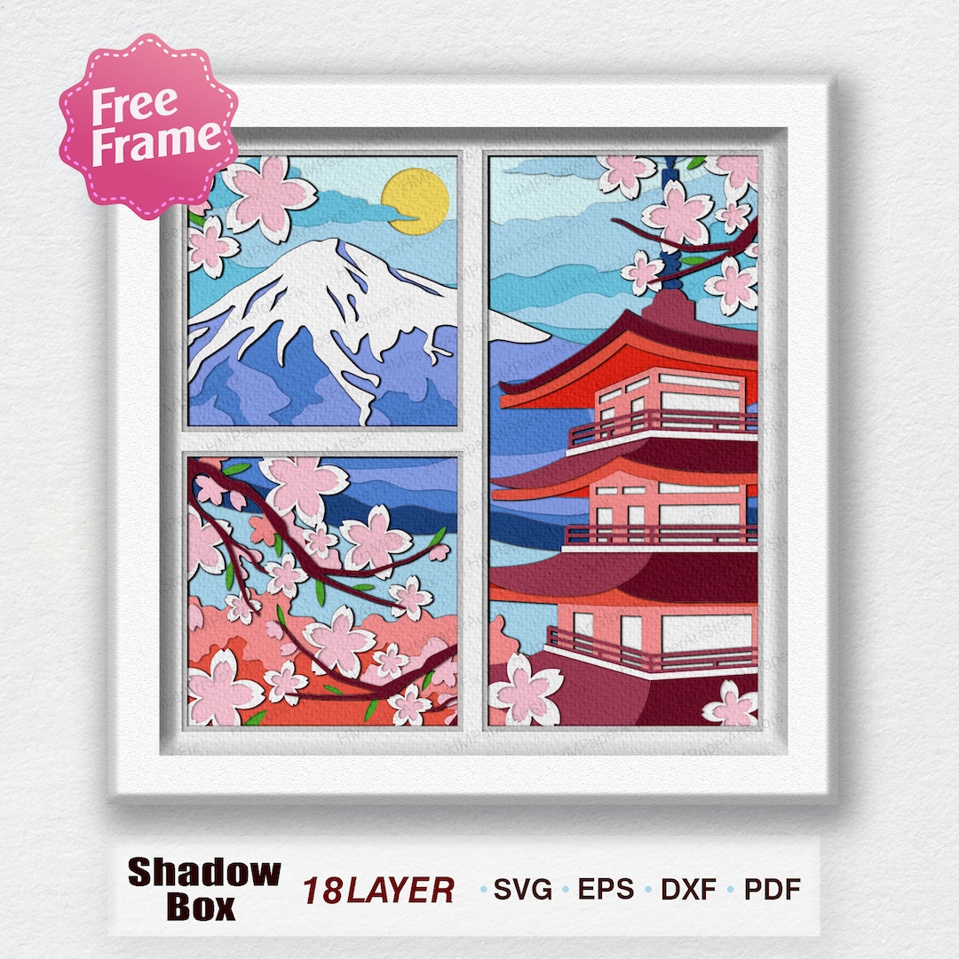 Japanese Pagoda Window Shadow Box Svg, Japanese Cherry Blossoms 3D Box ...