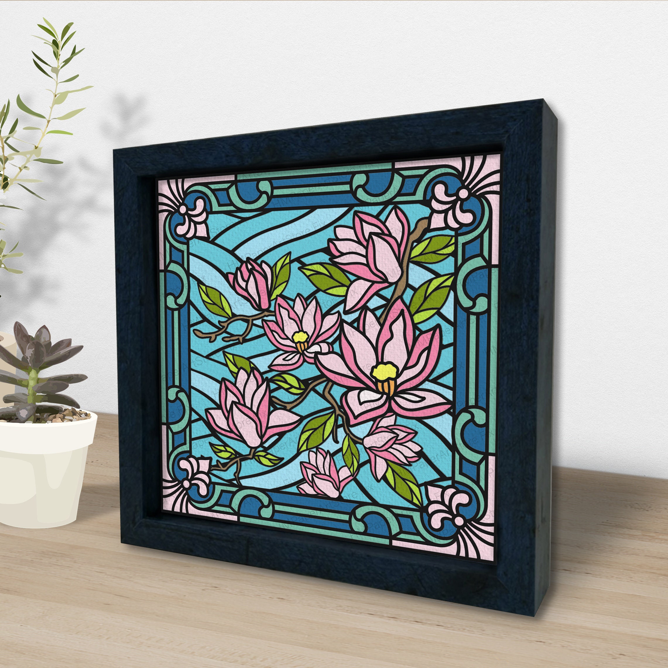 Magnolia Stained Glass Shadow Box Svg, Magnolia Stained Glass 3D Box ...
