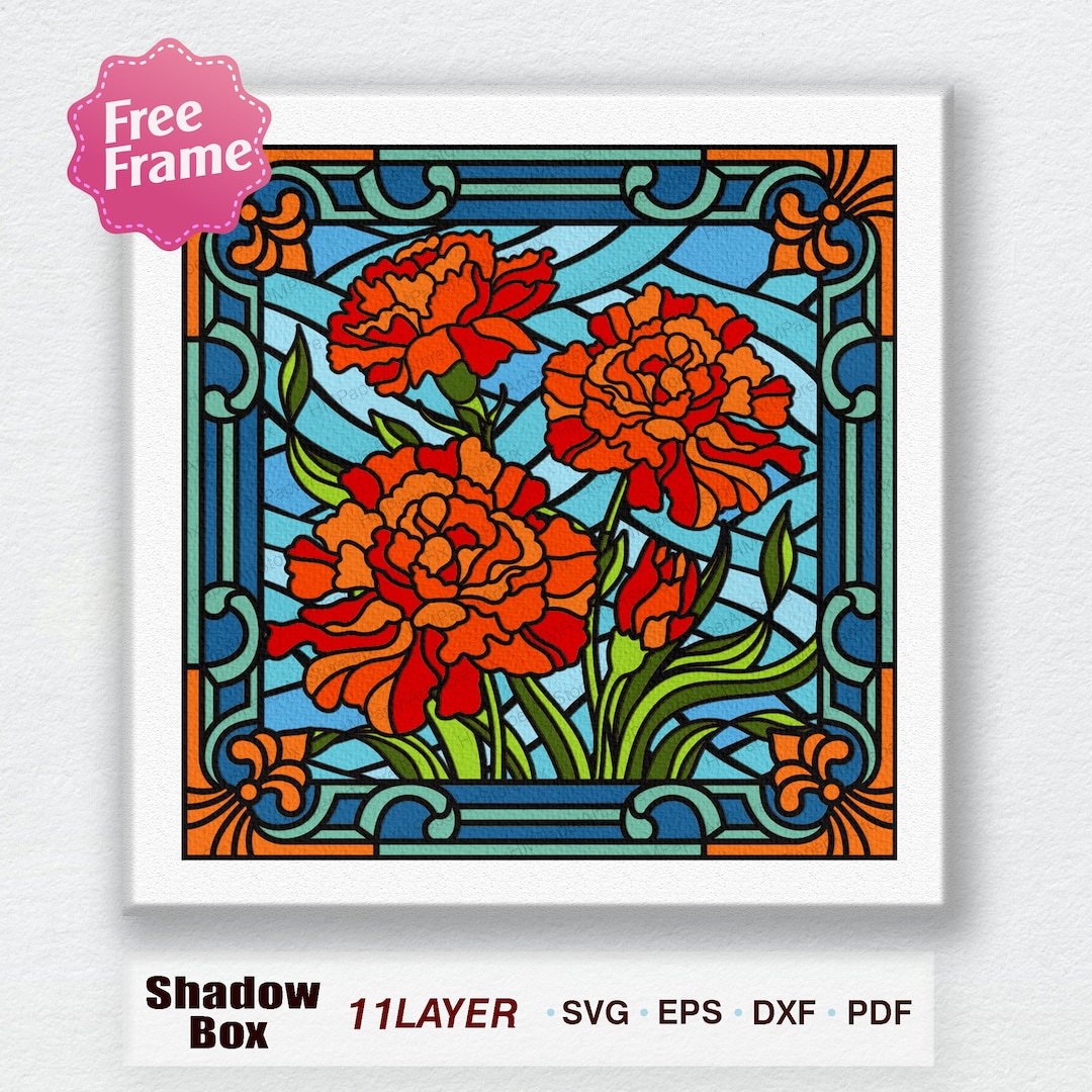 Carnation Stained Glass Shadow Box Svg, Carnation Stained Glass 3D Box ...