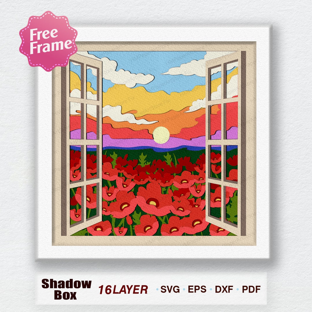 Poppy Flower Field 3D Shadow Box Svg, Flower Field Shadow Box, Flower ...