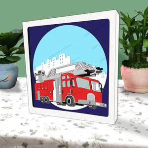 US Fire Truck 3D Box Paper Cut Light Box Svg, Fire Fighter Shadow Box ...