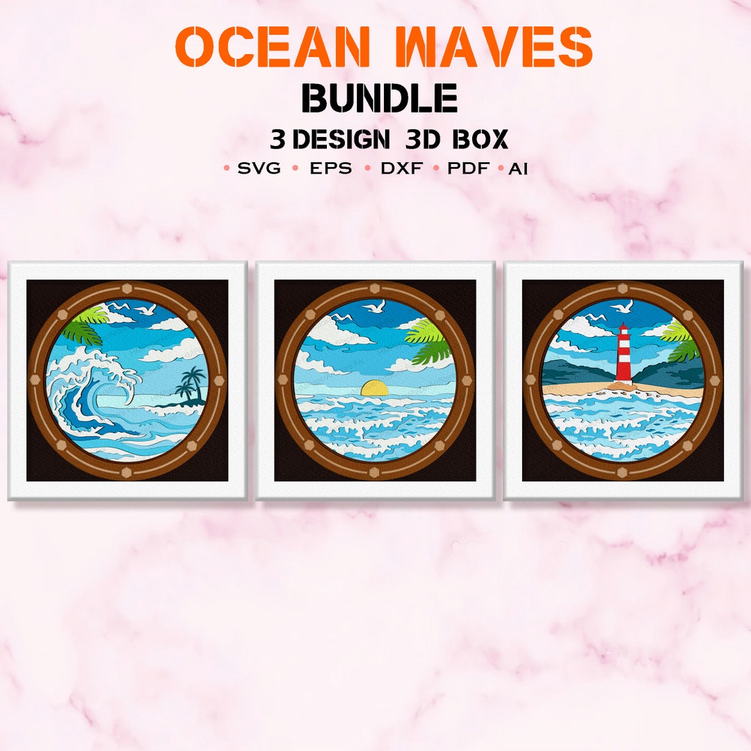 Bundle Ocean Waves Shadow Box Svg, Lighthouse 3D Box, Ocean Waves Light ...