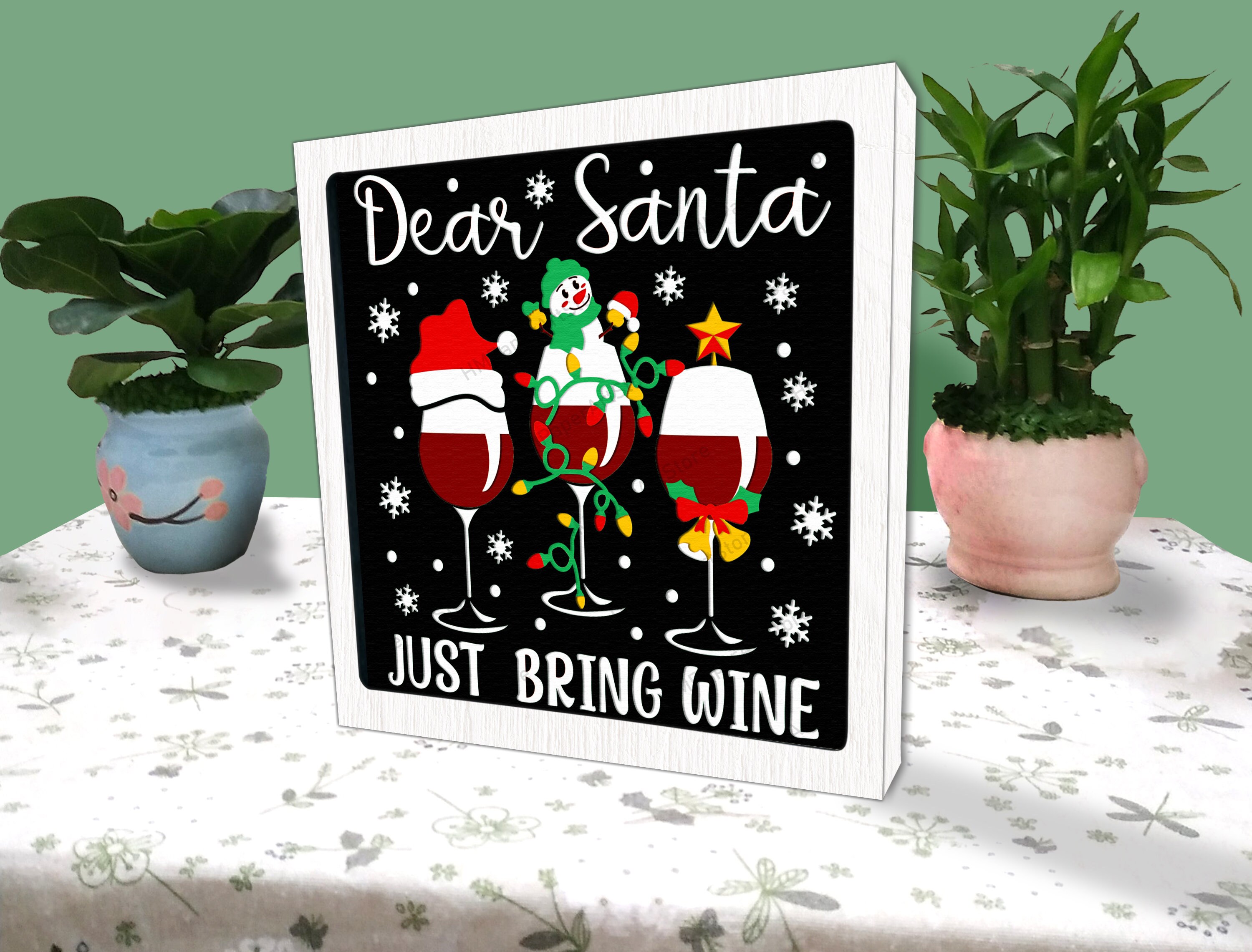 Wine Christmas 3D Box, Wine Christmas Shadow Box Svg, Layered Svg Light ...