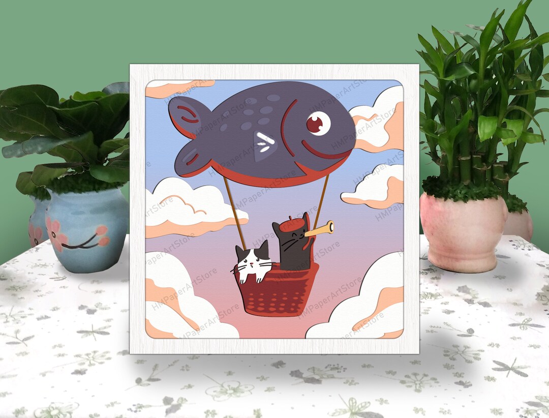 Fish Hot Air Balloon 3D Box Paper Cut Fish Hot Air Balloon Light Box ...