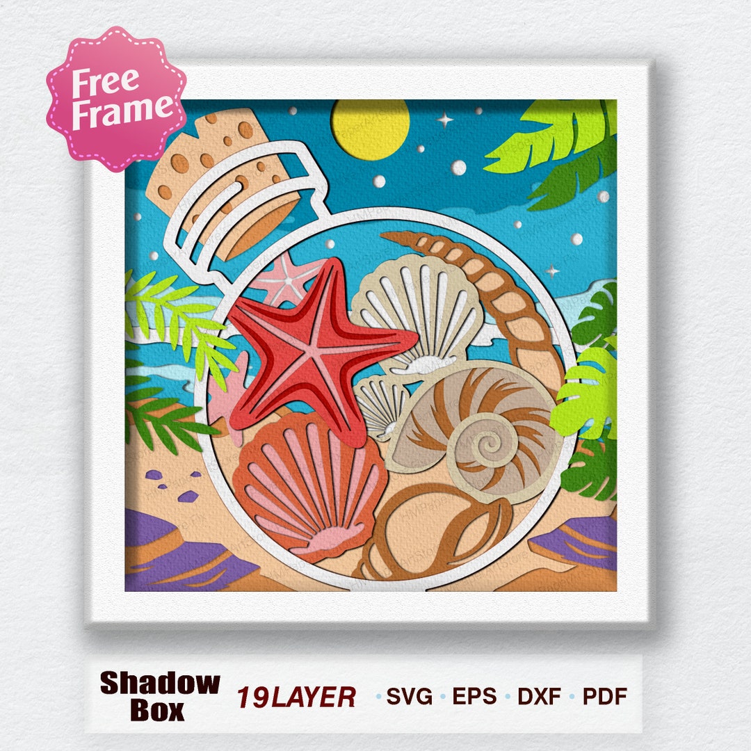 Seashells Bottle Shadow Box Svg, Seashells Shadow Box, Sea 3D Svg ...
