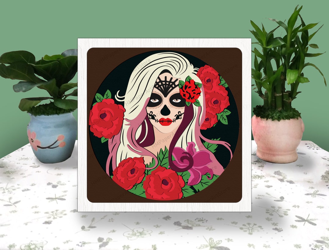 Lady Sugar Skull 3D Box, Lady Skull Shadow Box Svg, Horror 3D Box, for ...