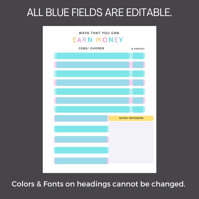 Printable Editable Kids Chore and Responsibility Chart | Ways to Earn ...