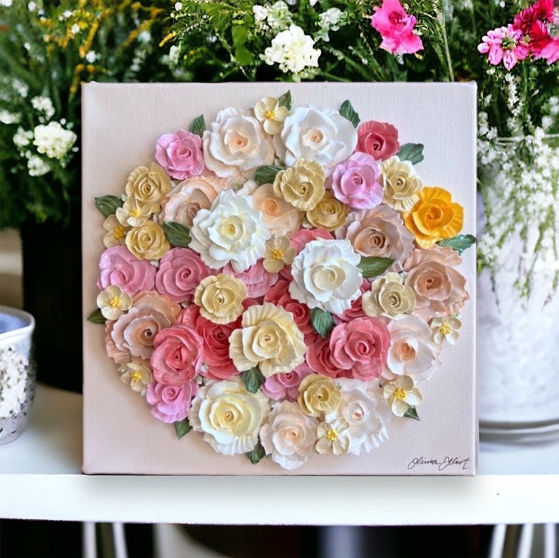 Roxanne - Large 10x10" - 3D Acrylic Flower Painting Floral Composition ...
