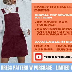 Overall Dress Pattern, Pinafore Dress Pattern, Digital PDF Sewing Pattern US Sizes 2-8 uk/aus 6 ...