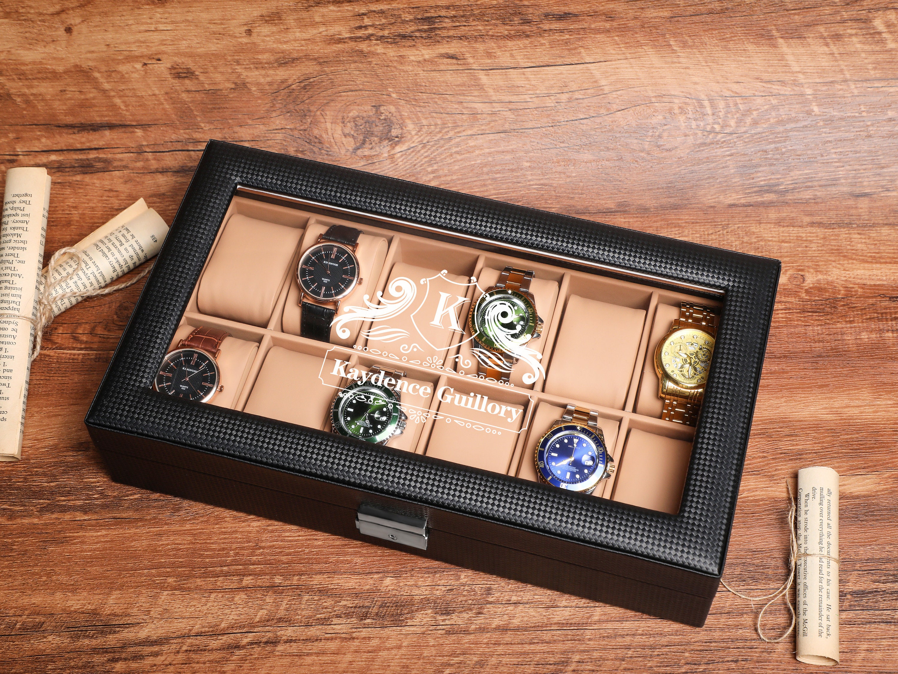 Custom Watch Case for 6 Watches Holder, Carbon Fiber Leather Watch ...