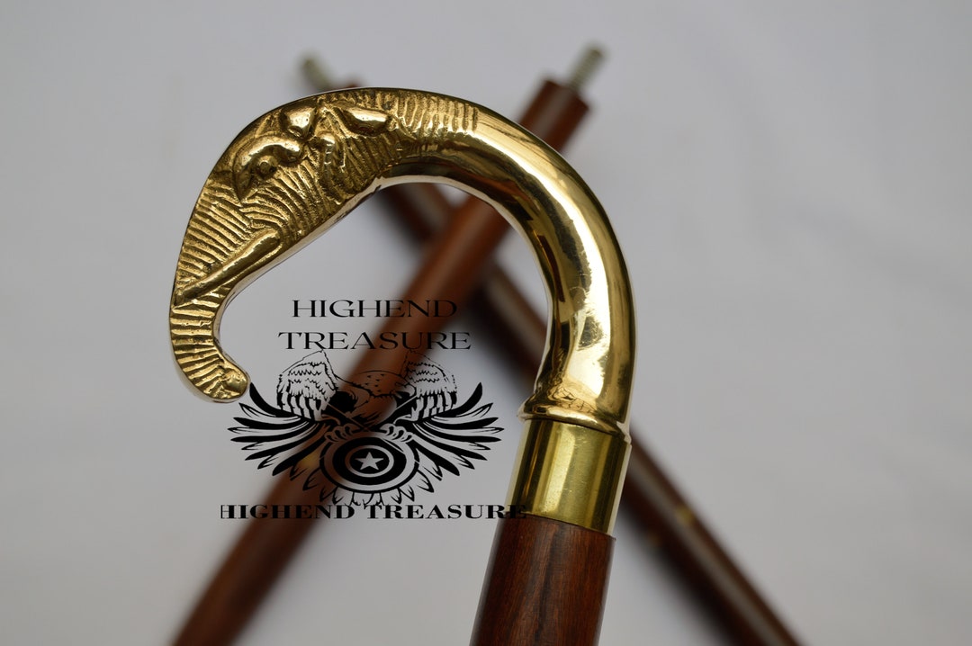 Elephant Head Wooden Walking Cane Brass Elephant Head Handle Walking ...