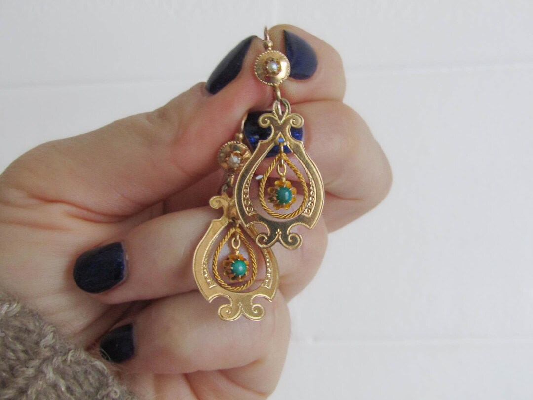 SOLD Antique Belle Epoque Solid 18K Gold Turquoise Drop Earrings ...