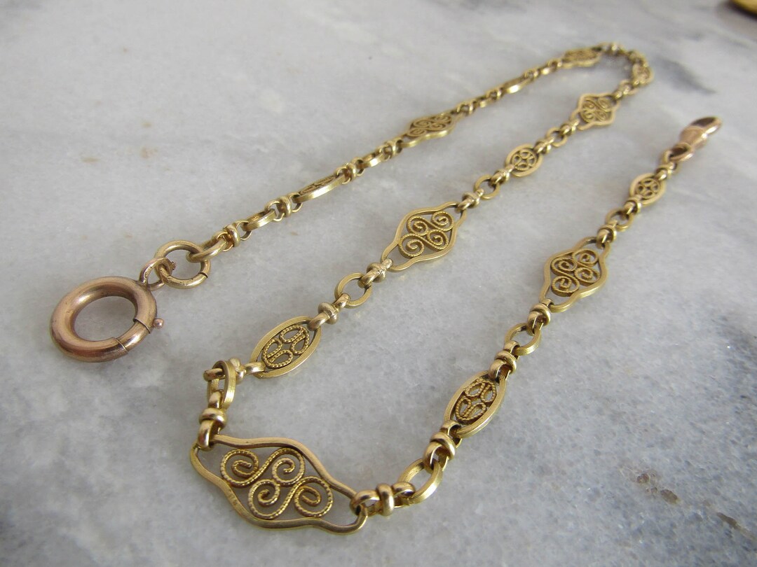 15" Antique 18K Solid Gold Watch Chain, Vintage French Filigree Choker ...