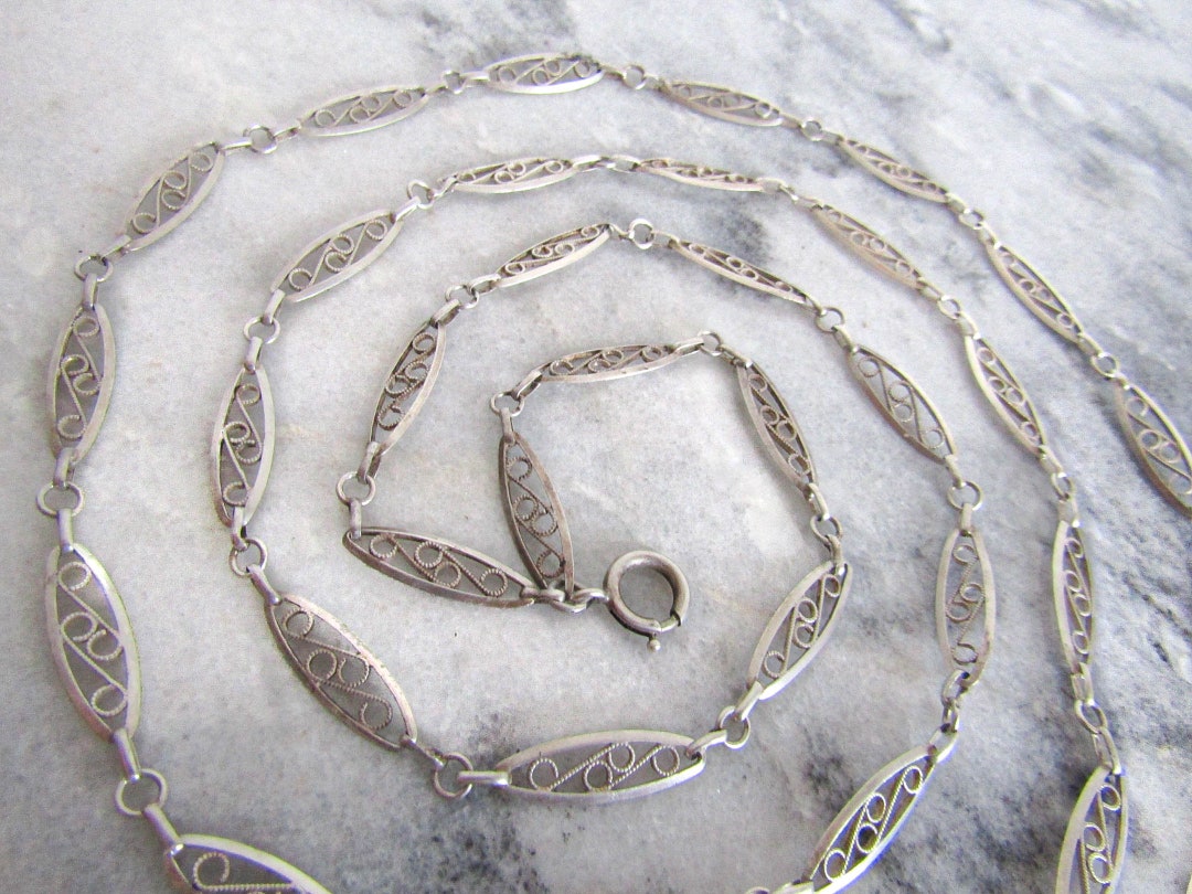 53 Victorian Silver Filigree Long Guard Chain, Antique French Muff ...