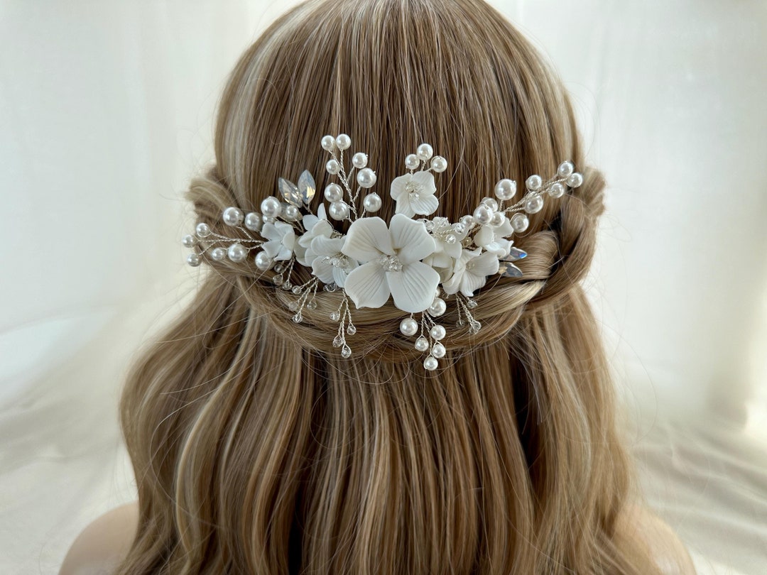 Bridal Pearl Hair Comb,ceramic Flowers Hair Comb,hair Comb,wedding ...