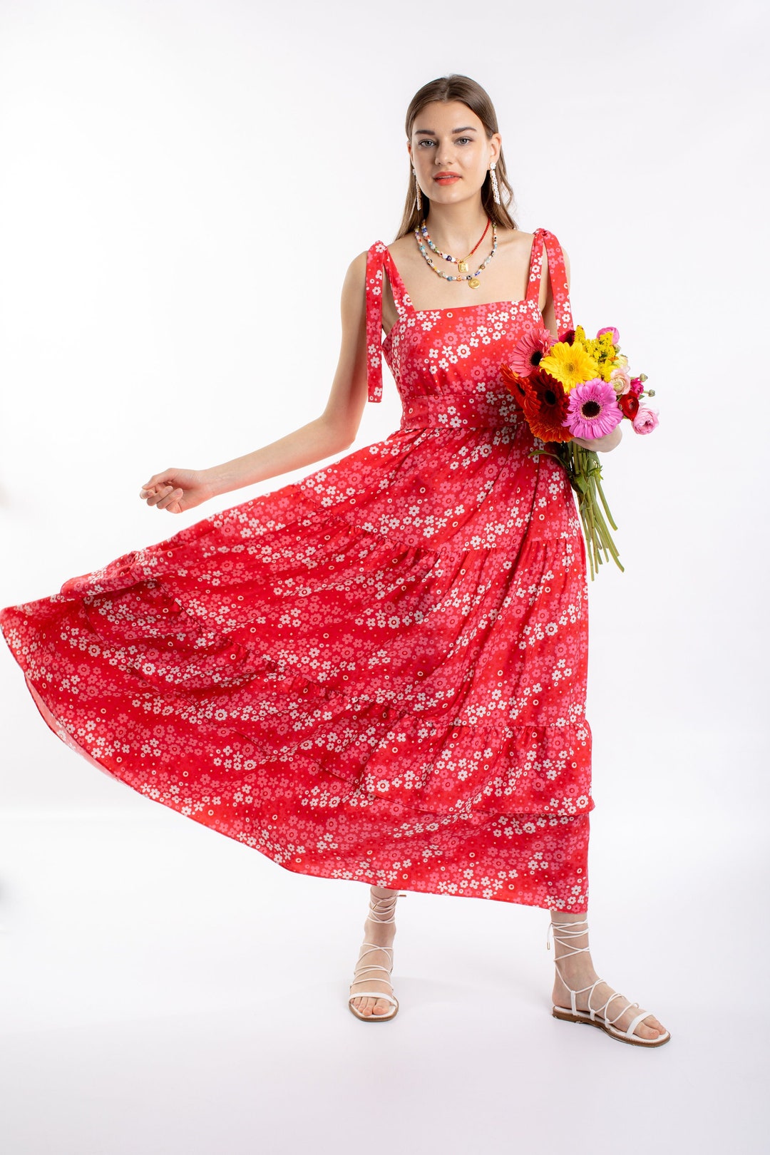 Red Daisy Garden Maxi Dress, Tiered Ruffled Dress, Red Floral Dress ...