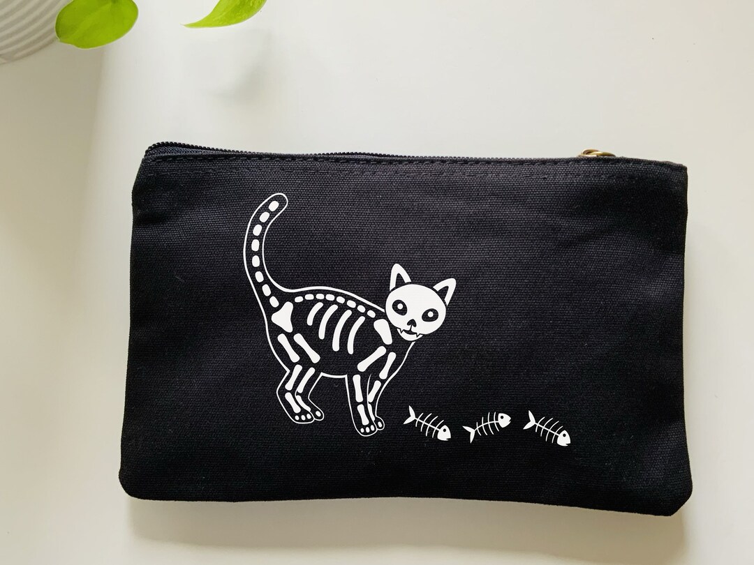 Gothic Skeleton Cat Small Canvas Zip Pouch | Goth Cotton Purse | Witchy ...