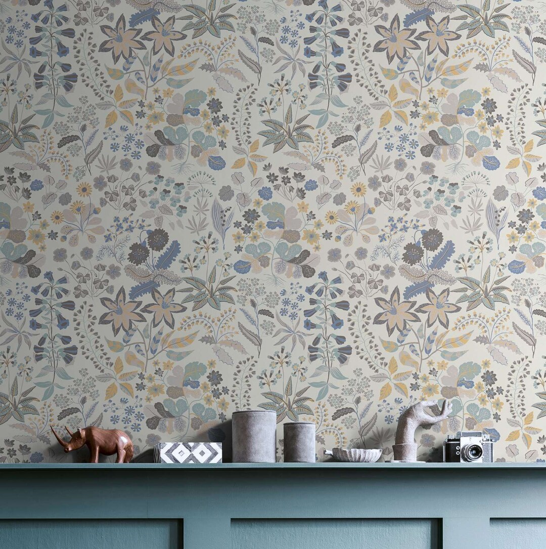 Non-woven Wallpaper With Detailed Floral Pattern Grey Blue - Etsy