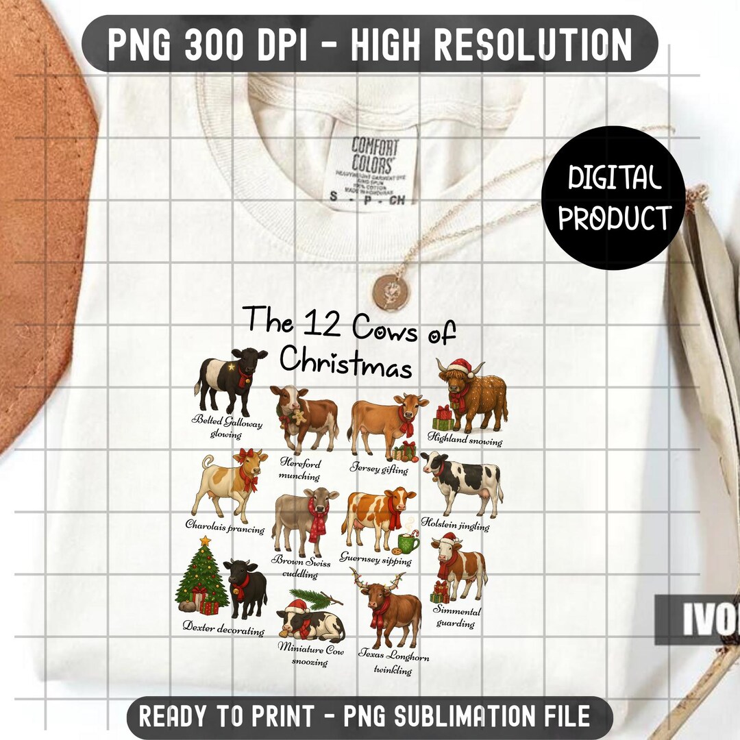 The 12 Cows of Christmas PNG, Cow Breeds Holiday Design, Farmhouse ...