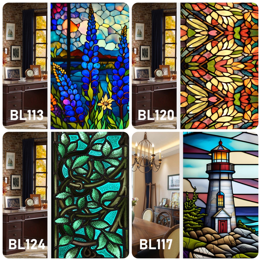 Window Privacy Film, 3D Glass Decal, Stained Glass Static Cling, Flower ...