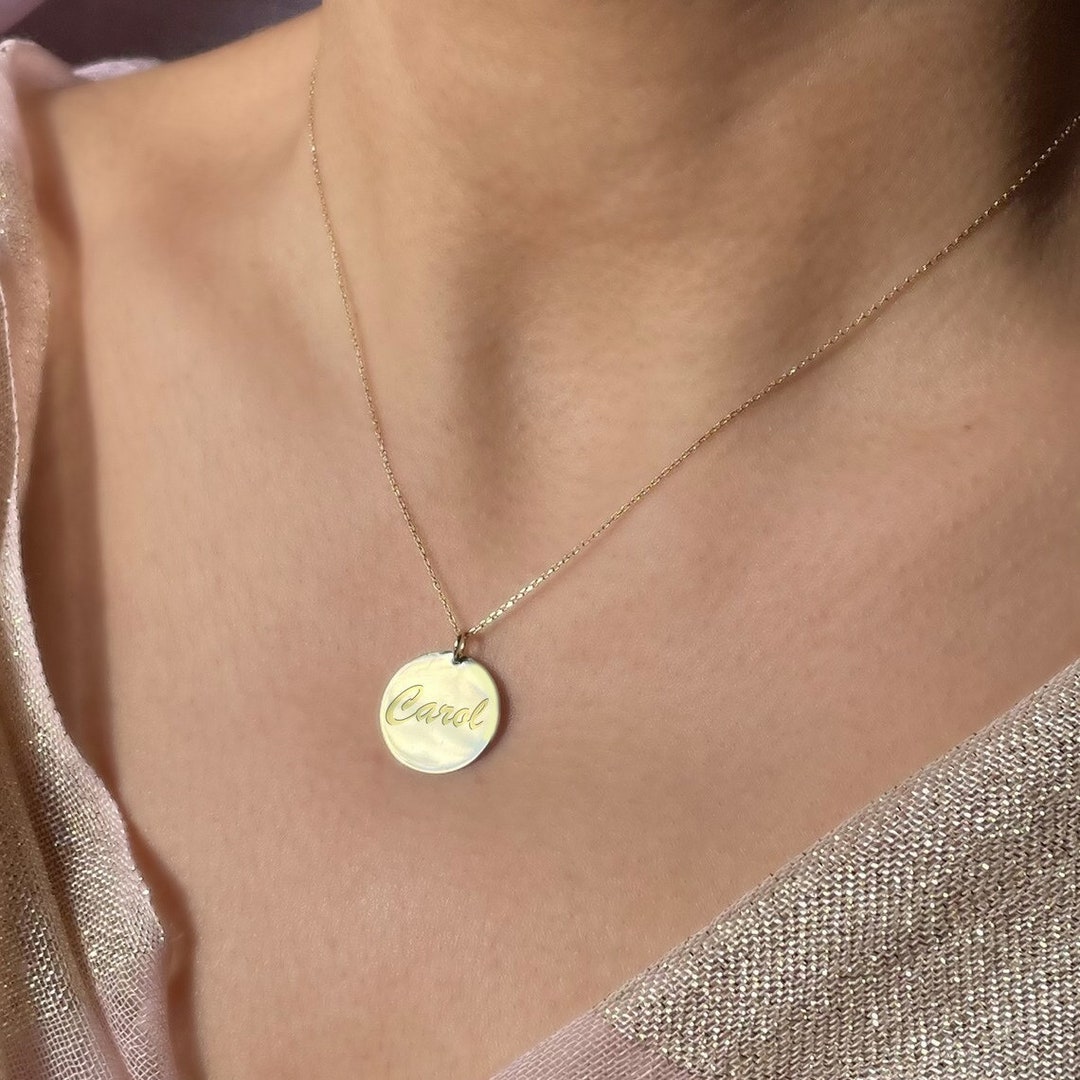 Solid Gold 2 Side Engravable Disc Necklace, 14K Gold Personalized Coin Pendant, Name Disc Charm ...