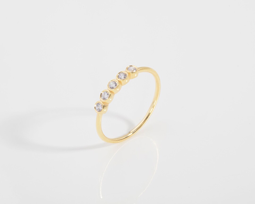 Solid Gold Five Stone Bezel Set CZ Ring, 10K 14K 18K Gold Minimal Fine ...
