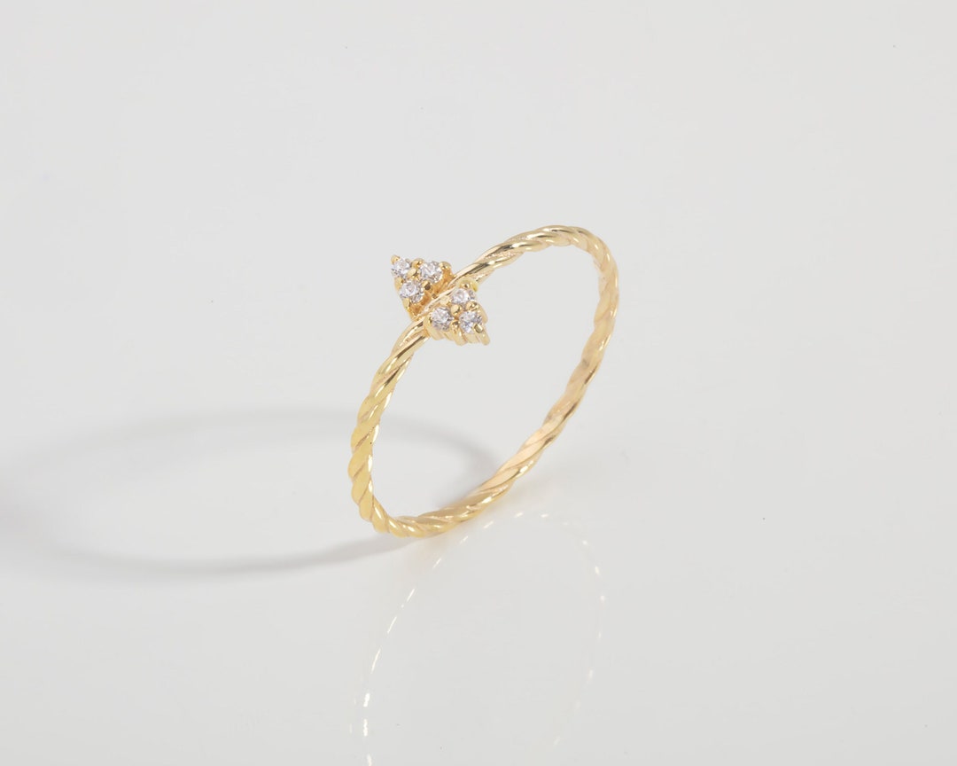Gold Tiny Triangles Auger CZ Ring, Thin Minimalist Twisted Stacking Ring, Girlfriend Gift ...