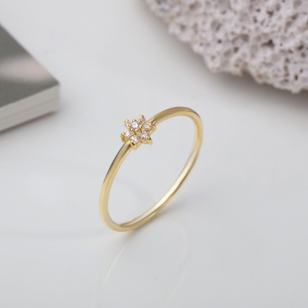 14K Gold Minimalist Flower Ring, Solid Gold Stacking Ring, Engagement Ring, Thin Gold Ring ...