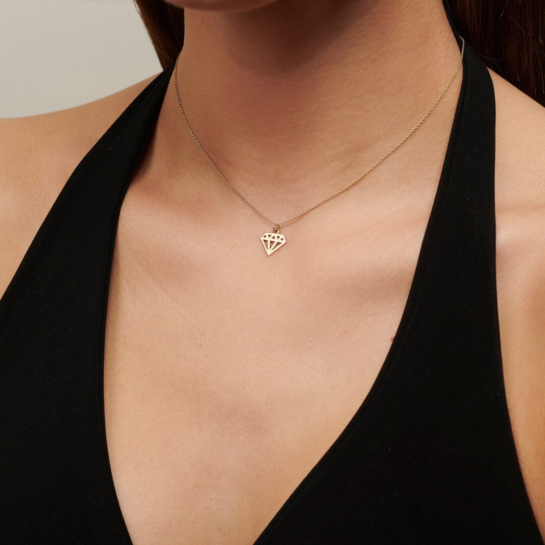 14K Solid Gold Diamond Shape Necklace, Minimalist Everyday Pendant ...