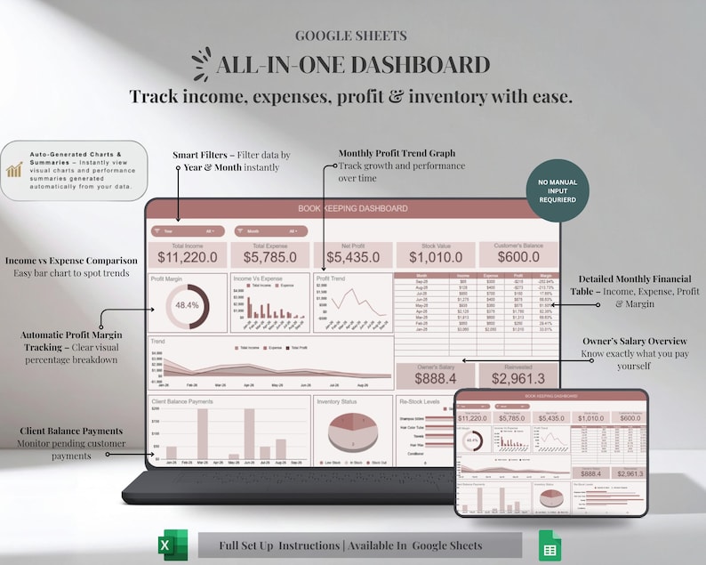 Small Business Bookkeeping Spreadsheet, Income Expense Tracker ...