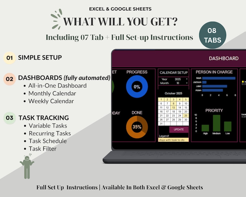 Excel & Google Sheets Task Tracker, Automated Dashboard, Progress ...