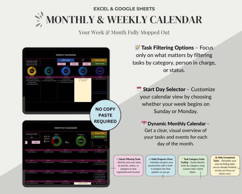 Excel & Google Sheets Task Tracker, Automated Dashboard, Progress ...