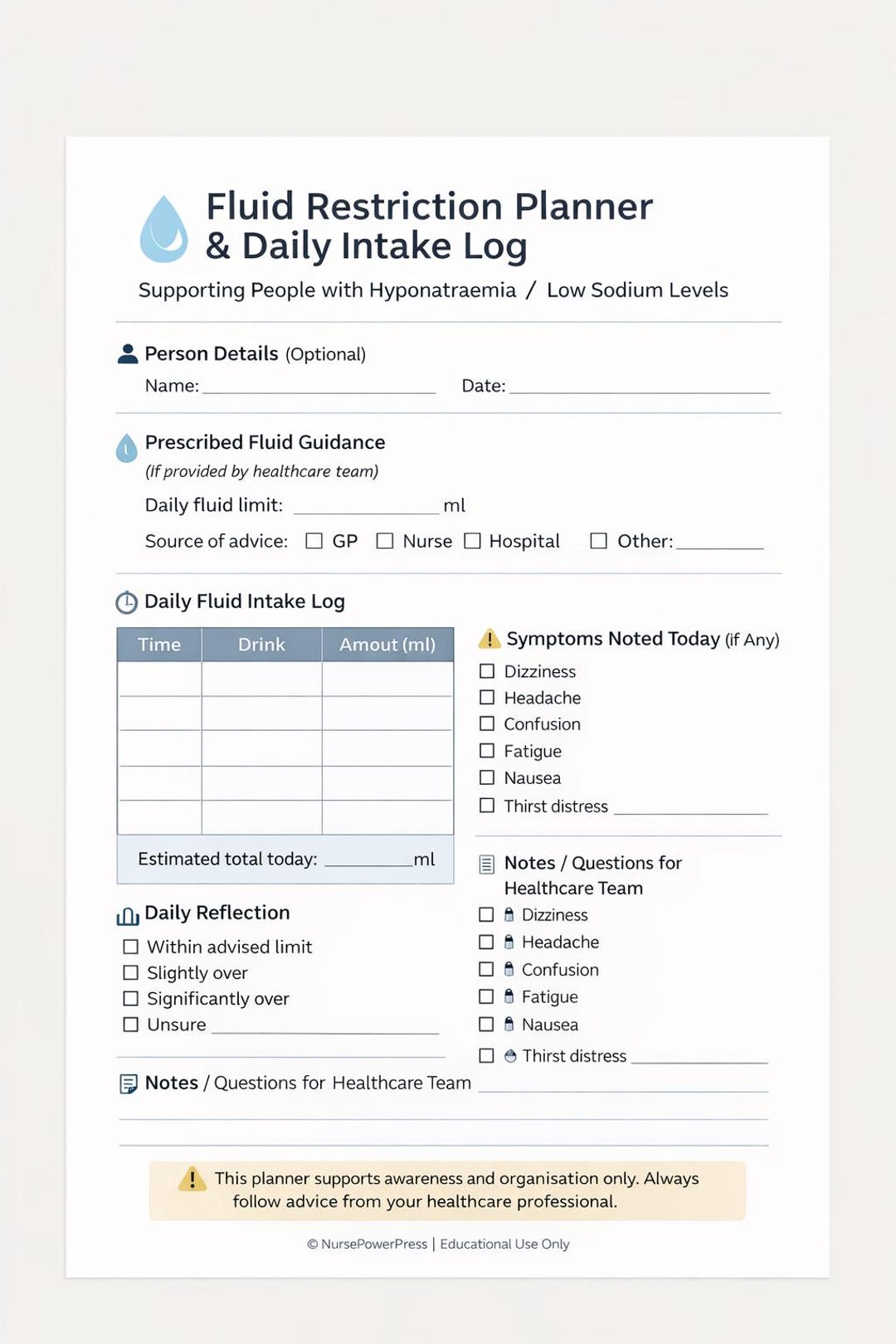 Fluid Restriction Planner & Daily Intake Log | Hyponatraemia Low Sodium ...